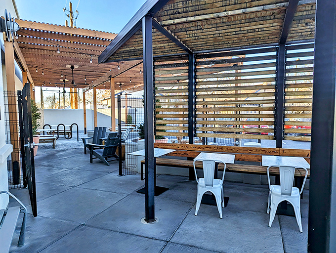 The patio offers wooden slat walls that filter sunlight like nature's own Instagram filter&mdash;perfect for enjoying your coffee with a side of vitamin D.