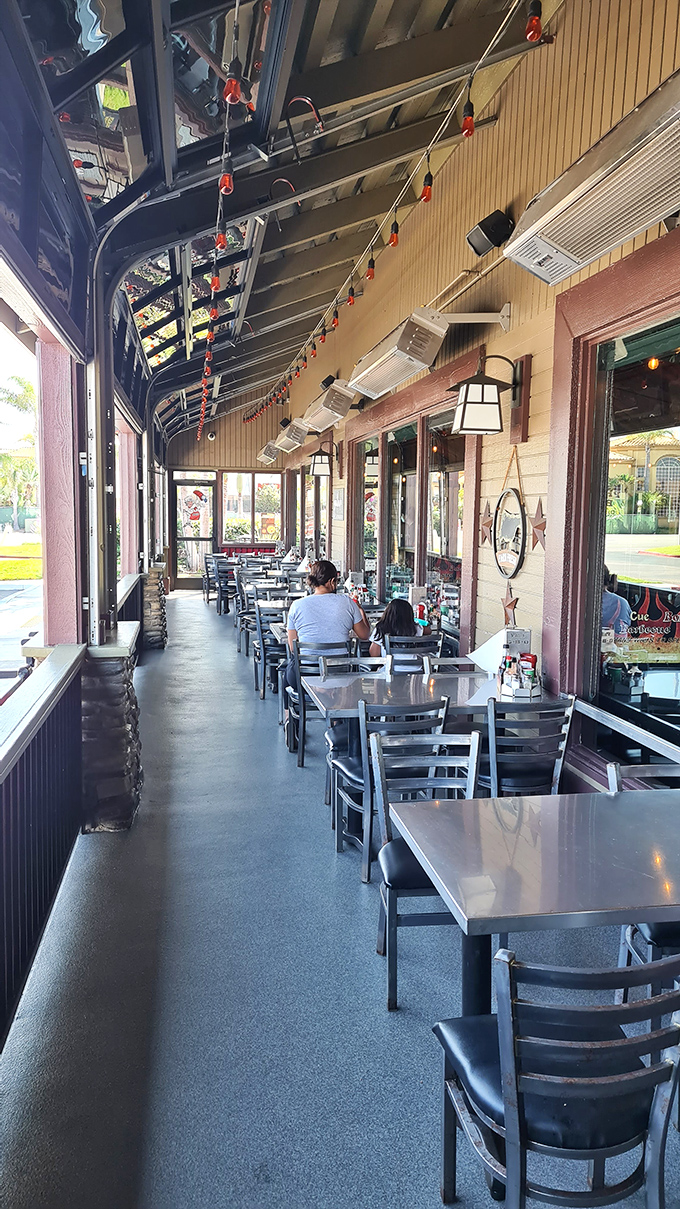 Al fresco feasting with California flair. This patio offers the rare opportunity to enjoy sunshine and smoky goodness simultaneously.