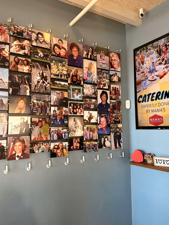The photo wall tells stories that menus can't. Each picture represents someone who came for the food but stayed for the feeling of belonging.