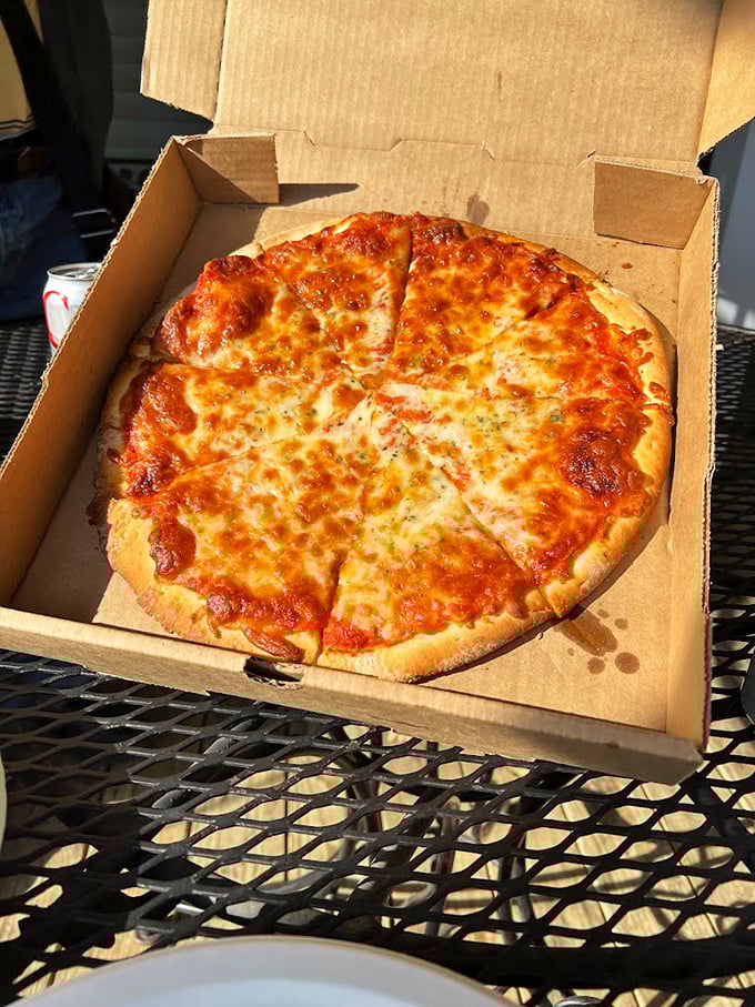 Pizza simplicity at its finest&mdash;cheese melted to golden perfection atop a sauce that clearly understands its supporting role in this circular masterpiece.