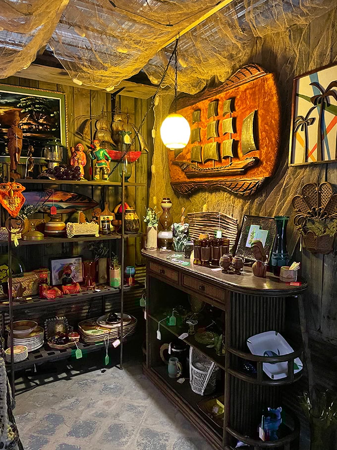 This nautical-themed nook feels like stepping into a ship captain's quarters, complete with mood lighting and treasures from imaginary voyages.