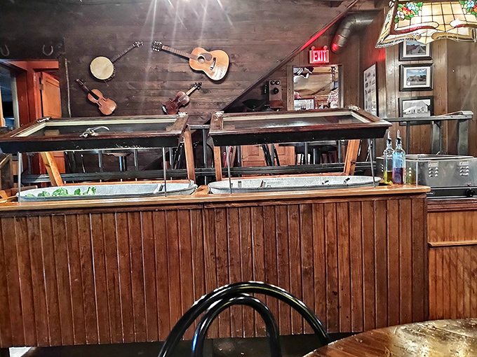 The salad bar setup &ndash; where guitars watch over your vegetable selections like musical guardians of freshness.