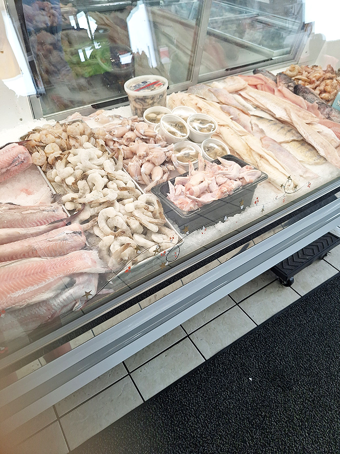 The seafood case&mdash;an inland treasure chest. Fresh filets, shrimp, and other oceanic delights wait patiently for their hot oil baptism.
