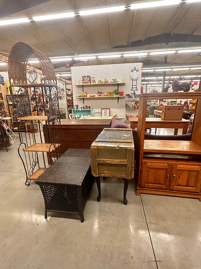 Practicality meets nostalgia in this furniture collection. That oak cabinet probably witnessed decades of family dinners before finding its way here.