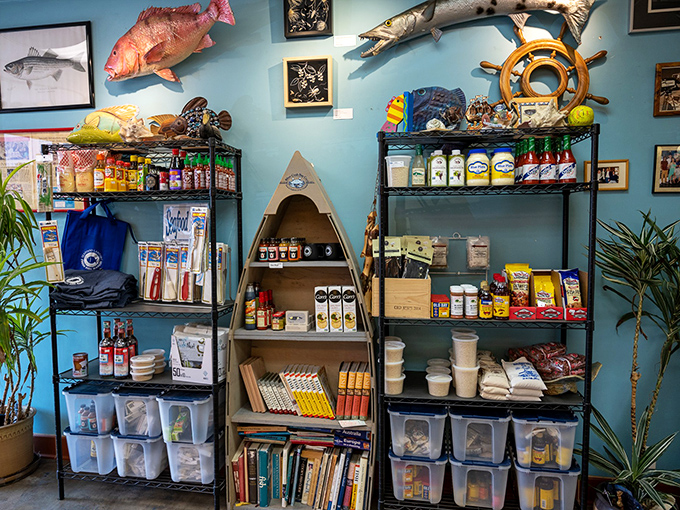The pantry section offers everything but the ocean breeze. Boat-shaped shelves are a nice touch for landlocked seafood aficionados.