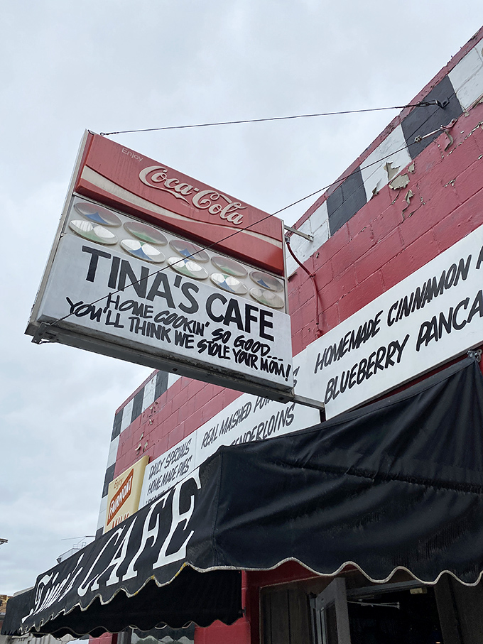 "Home cookin' so good, you'll think we stole your mom!"&mdash;the sign promises. In the battle of breakfast bragging rights, Tina's comes out swinging.