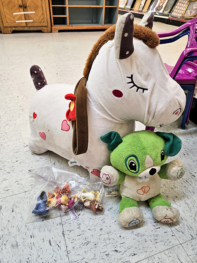 Stuffed animals enjoying their retirement years&mdash;this unicorn and puppy duo are ready to bring joy to their next forever home.
