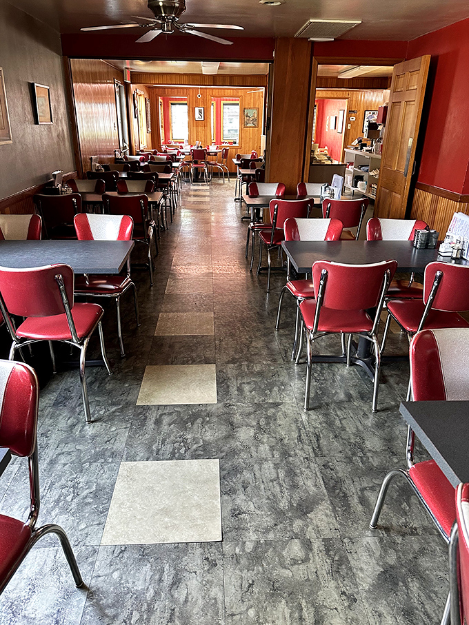 The clean lines and classic diner aesthetic create the perfect stage for the real star—what's coming at the end of your meal.