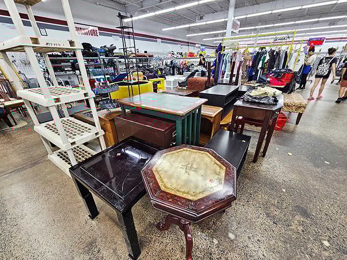 The furniture section: where vintage tables tell silent stories of family dinners and late-night card games from decades past.