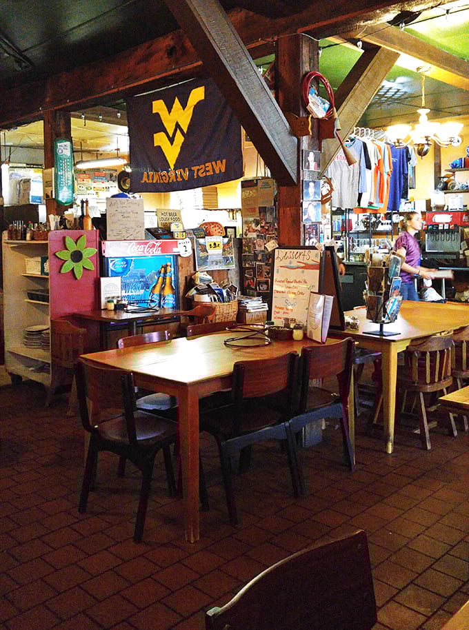 West Virginia pride meets mountain cabin aesthetics. The dining area feels like the living room of that cool friend who always feeds you well.