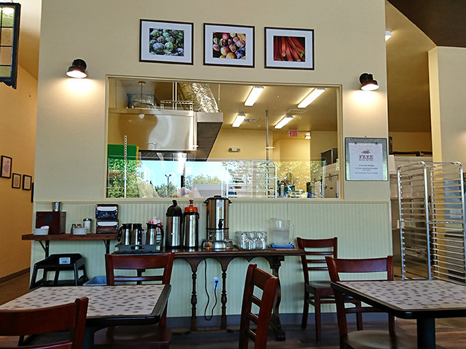 The simple seating area says, "Let's not get distracted by fancy chairs when there's serious pie business to attend to."