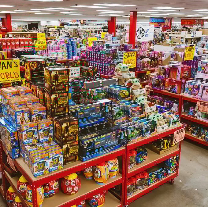 Toy paradise unfolds with Star Wars figures neighboring Baby Yoda plushies, creating intergenerational joy opportunities at prices that won't require a second mortgage.