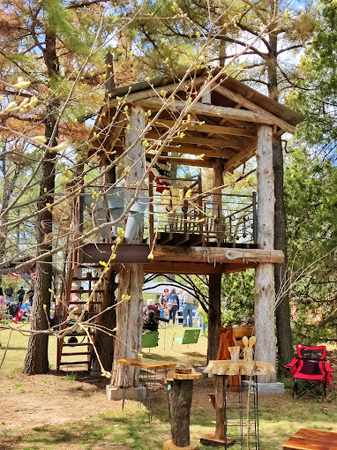 This treehouse wasn't built by kids with spare lumber&mdash;it's a rustic observation deck for adults who never outgrew climbing trees.