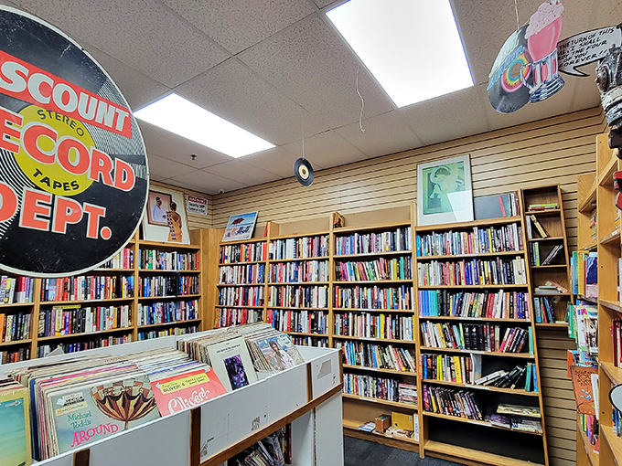 The record section: where vinyl enthusiasts hunt for forgotten albums with the intensity of truffle pigs in a French forest.