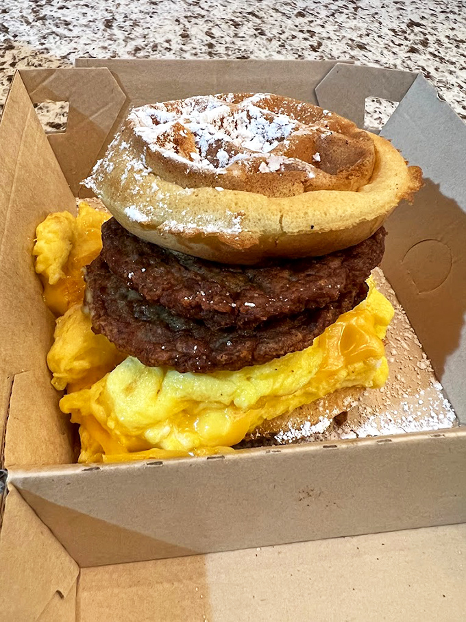 The breakfast sandwich reimagined: waffle as bread, sausage and eggs as filling. Einstein wasn't this innovative with the theory of relativity.