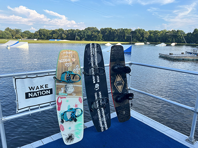 The tools of the trade&mdash;wakeboards stand ready for their next riders, each one a passport to water-based adventures.