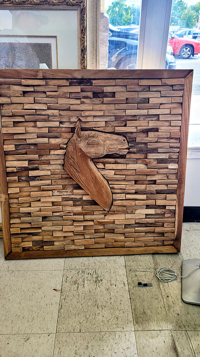 This wooden horse art piece gallops straight out of someone's rustic dreams. Handcrafted treasures hide among mass-produced castoffs.