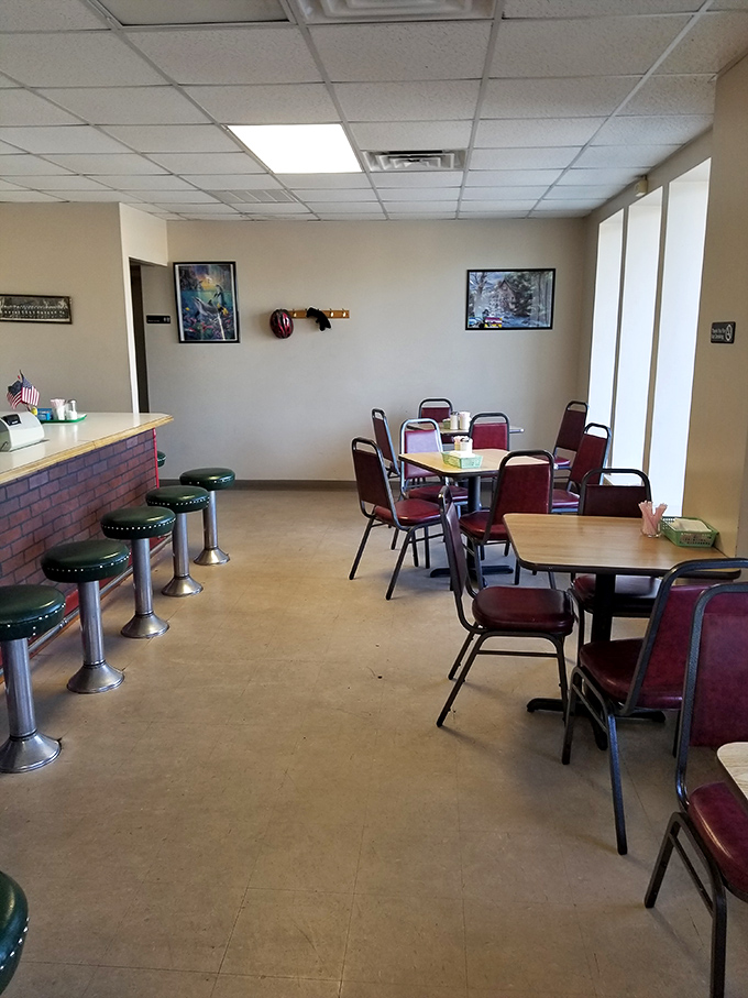 No-frills dining area where the only decoration needed is the anticipation of your first bite.