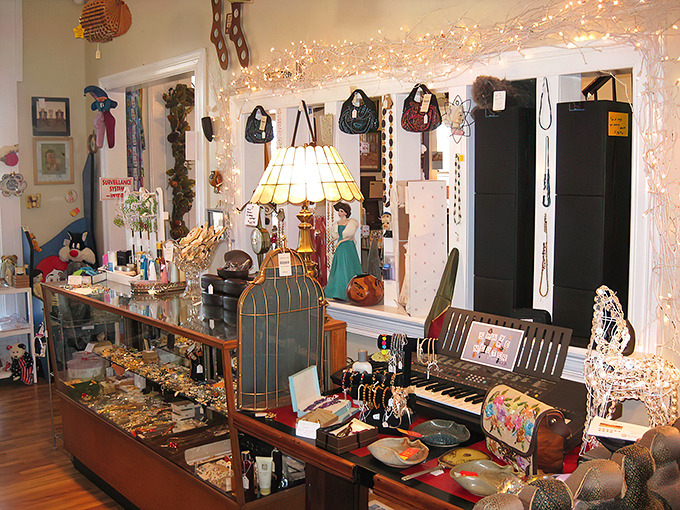 Twinkling fairy lights frame this jewelry counter&mdash;where someone's past glamour awaits its second act in your wardrobe.