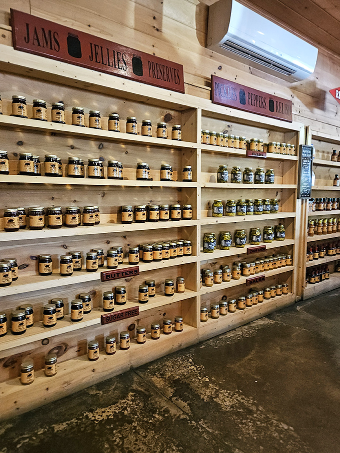 Beyond barbecue: shelves lined with local jams, jellies, and preserves offer a taste of Georgia to take home when the meal ends.