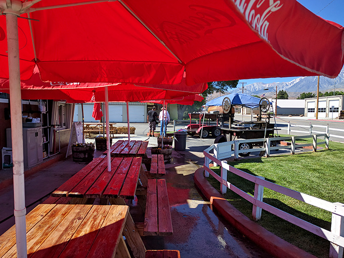 Picnic tables under Coca-Cola umbrellas with a view of the Sierra Nevada &ndash; suddenly fast food drive-thrus seem deeply disappointing.