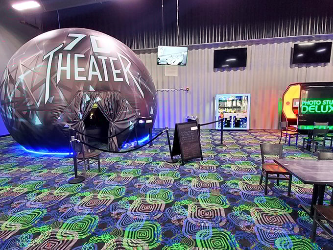 The 7D Theater&mdash;where dimensions seven through ten apparently involve sitting in a sphere and having your mind thoroughly blown.