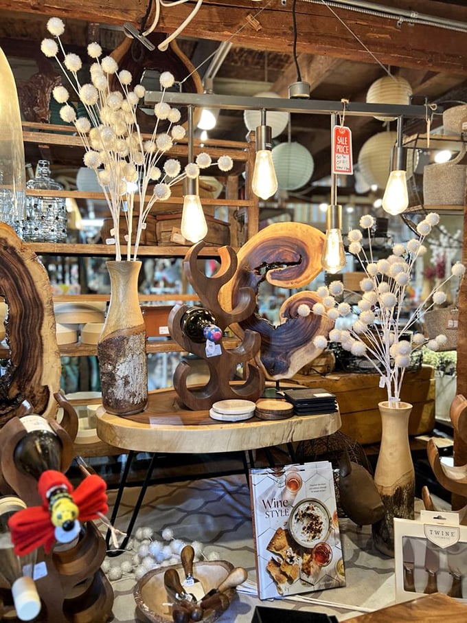 Modern meets rustic in this display of artisanal woodwork. That curved wooden piece would make even Marie Kondo spark with joy.