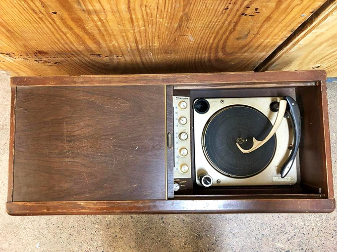 Before Spotify, there was this&mdash;a vintage record player nestled in its wooden case, ready to spin vinyl treasures for a new generation of analog enthusiasts.