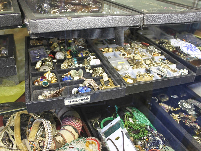 Treasure troves of costume jewelry await new wrists and necklines. Each brooch and bracelet carries the ghost of parties past.