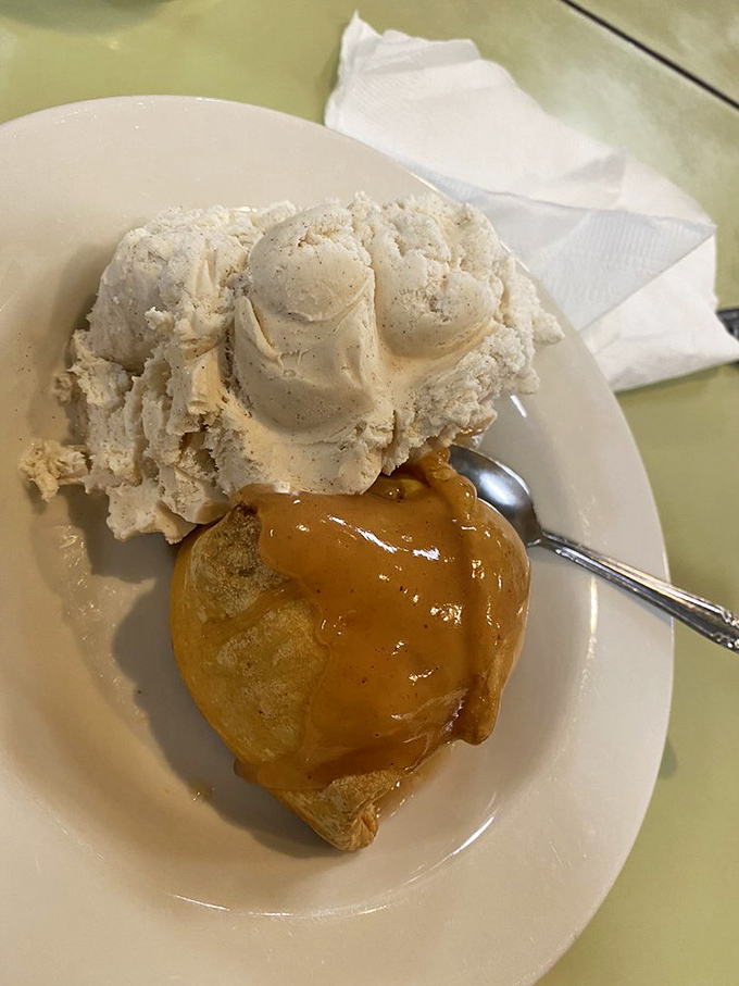 Apple dumpling and ice cream: the dessert equivalent of a warm hug followed by a cool breeze on a perfect autumn day.