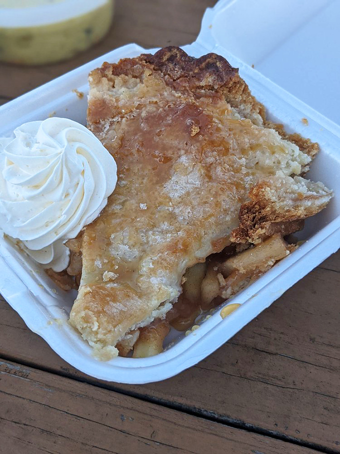 Apple pie that makes you understand why people fight over the last slice at Thanksgiving. The whipped cream is just the supporting actor.