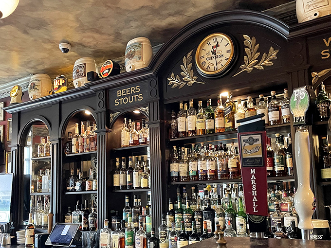 A whiskey library that would make a Scotsman weep with joy. The Guinness clock reminds you it's always the perfect hour for a pint.