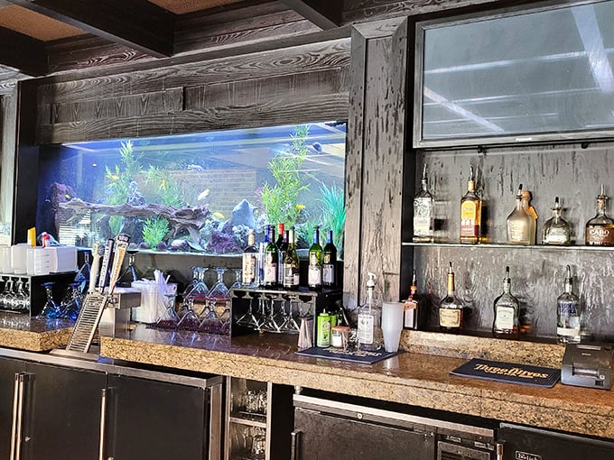The bar area features an actual aquarium, because apparently watching fish while drinking fish is the circle of life, cocktail edition.