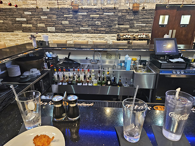 A bar setup that says "we take our drinks as seriously as our steaks"&mdash;a philosophy that deserves a standing ovation and a generous tip.