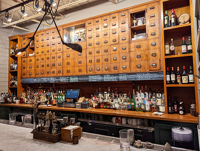 The Apothecary's wooden cabinets once held medicines; now they frame bottles containing different kinds of remedies for what ails you.