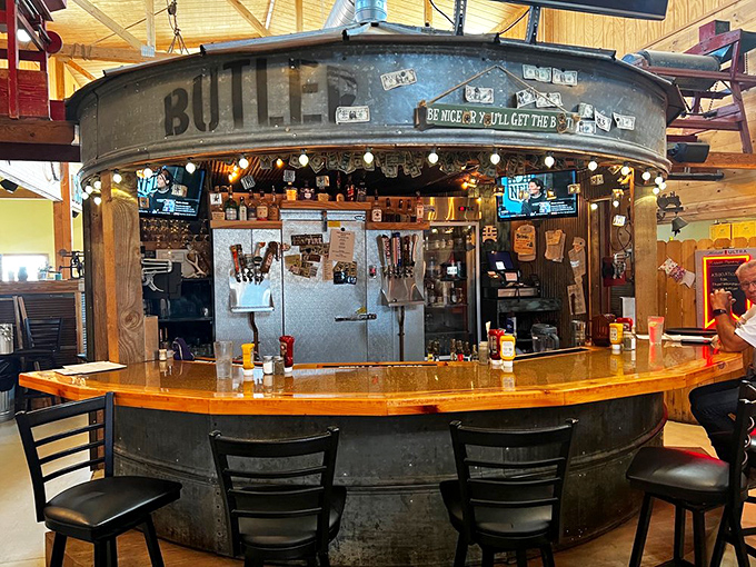 The circular bar area labeled "BUTLER" isn't just clever design&mdash;it's where strangers become friends over stories as robust as the drinks.