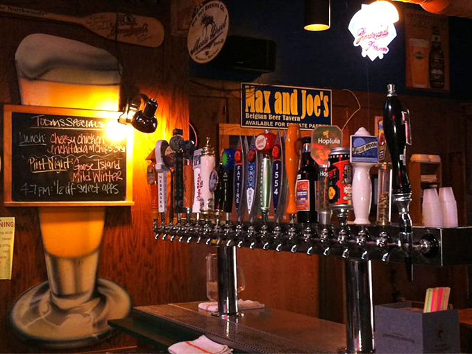 Beer taps lined up like soldiers ready for deployment. Each handle tells a story of hops, malt, and brewing passion.
