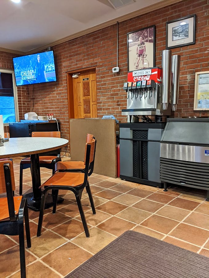 The soda fountain and tile floor complete the nostalgic experience &ndash; some things, like perfect pizza and fountain Coke, need no improvement.