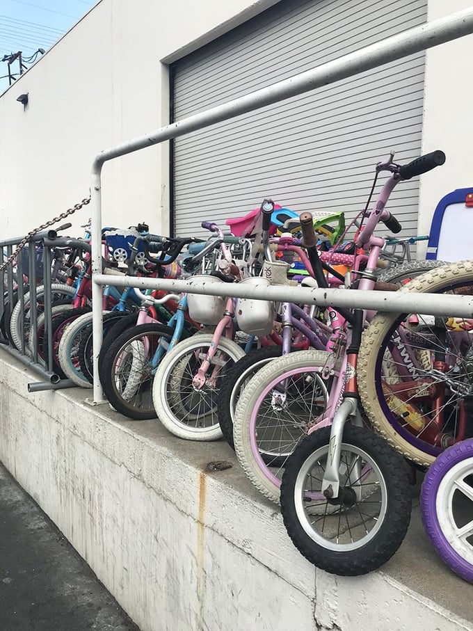 A rainbow of children's bikes stands ready for new adventures. Each one a story of outgrown wheels and memories waiting to be made.