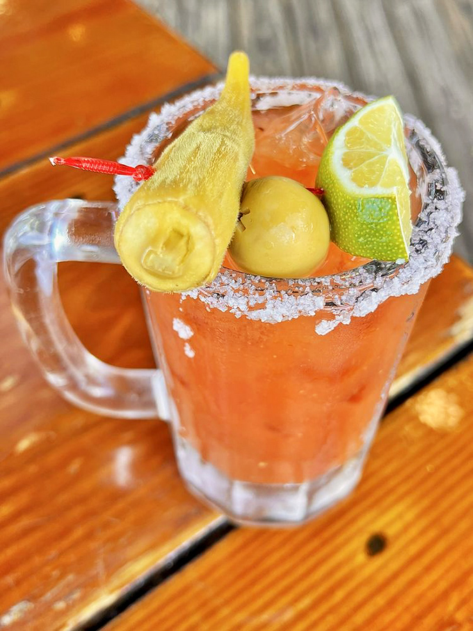 A meal in a glass with attitude to spare. This loaded Bloody Mary comes garnished with enough accessories to qualify as an appetizer.