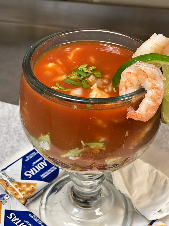 This isn't just a Bloody Mary&mdash;it's practically a seafood appetizer. The plump shrimp perched on the rim teases what the kitchen can do with seafood.