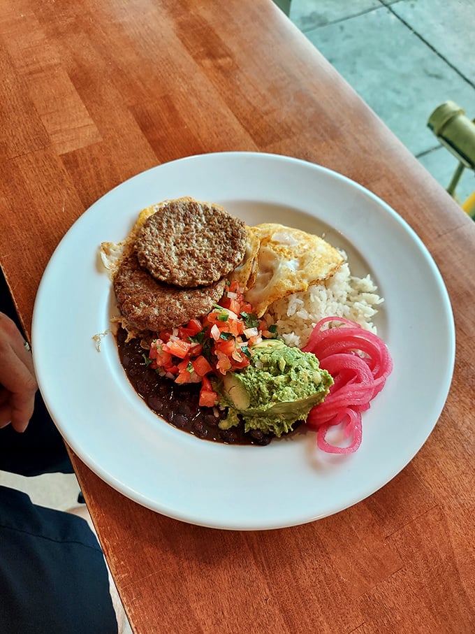 A breakfast bowl that breaks all the rules in the best possible way. Those pickled onions add the perfect pop of color and zing.