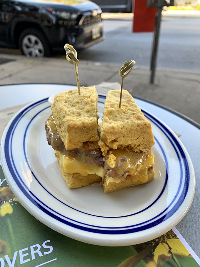 This breakfast sandwich isn't playing games&mdash;golden biscuit, melty cheese, and savory filling. The breakfast of champions who don't have time for champions' cereal.