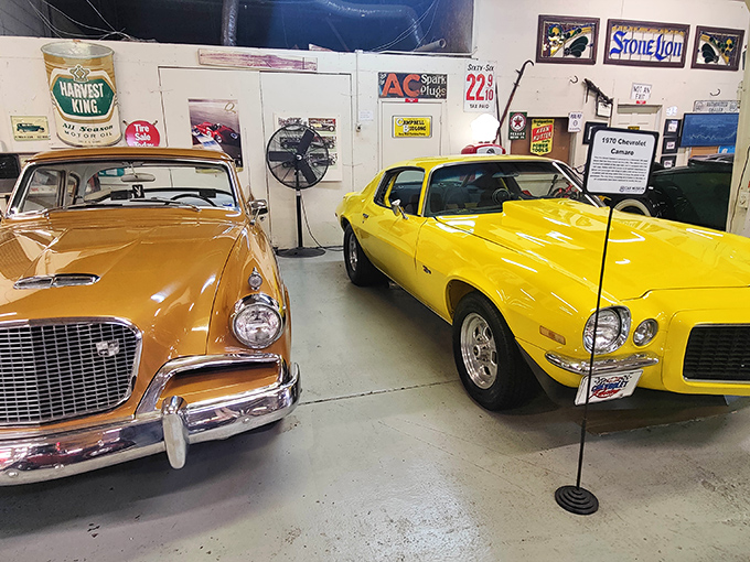 Two American icons sharing space&mdash;copper meets vibrant yellow in this Studebaker and Camaro duo. Different decades, same passionate engineering.