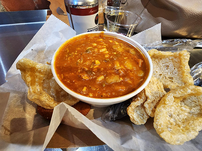 Brunswick stew that thick could solve diplomatic crises—a hearty peacemaker served with crackers for necessary dipping operations.