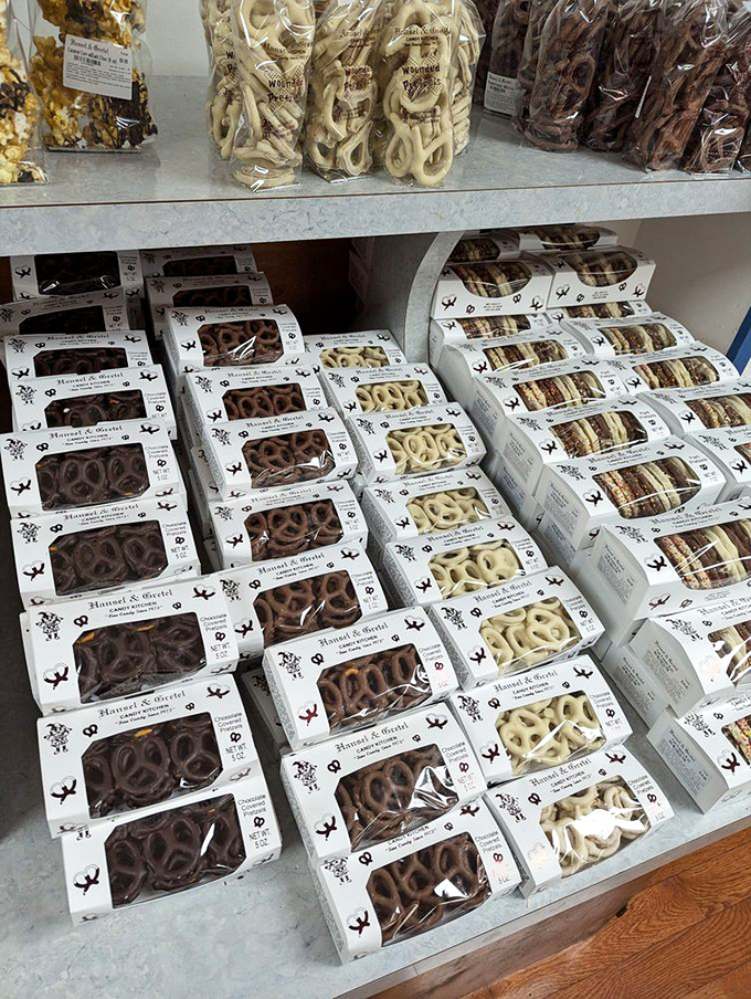 Chocolate-covered pretzels lined up like delicious soldiers. The perfect marriage of sweet and salty waits patiently in their neat little boxes.
