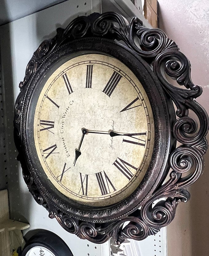 Time stands beautifully still in this ornate vintage clock. Roman numerals and scrollwork frame moments that never go out of style.