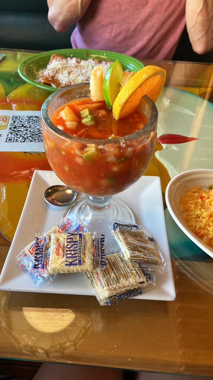 This seafood cocktail isn't just appetizing&mdash;it's a vacation in a glass, where shrimp swim in spicy tomato broth alongside lime and avocado lifeguards.