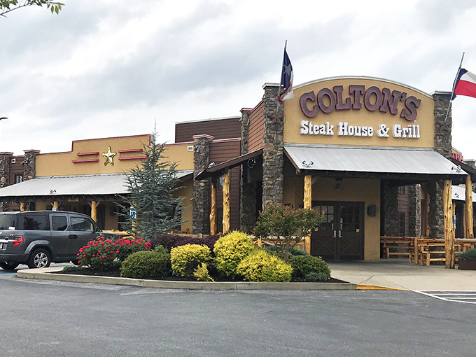 Colton's rustic exterior promises the kind of hearty steakhouse meal that makes vegetarians temporarily question their life choices.
