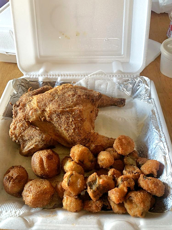 The Cornish hen - perfectly bronzed and surrounded by its golden entourage of hush puppies. A land-and-sea alliance that works beautifully.